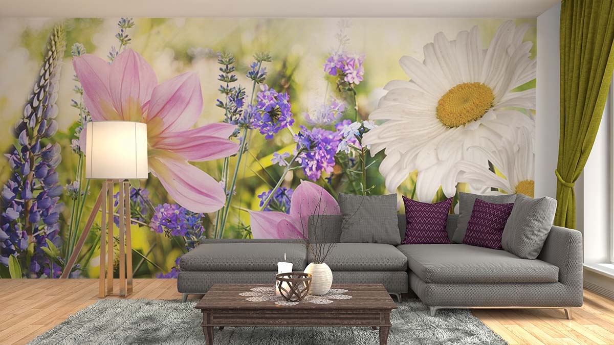 Fotobehang Bloemen: Fotobehang wilde bloemenveld bij zonsondergang